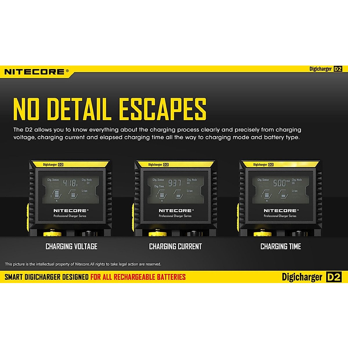 Nitecore D2 smart Charger 2015 version with LCD display For Li-ion, IMR, LiFePO4 26650 22650 18650 17670 18490 17500 18350 16340 RCR123 14500 10440 Ni-MH And Ni-Cd AA AAA AAAA C Rechargeable