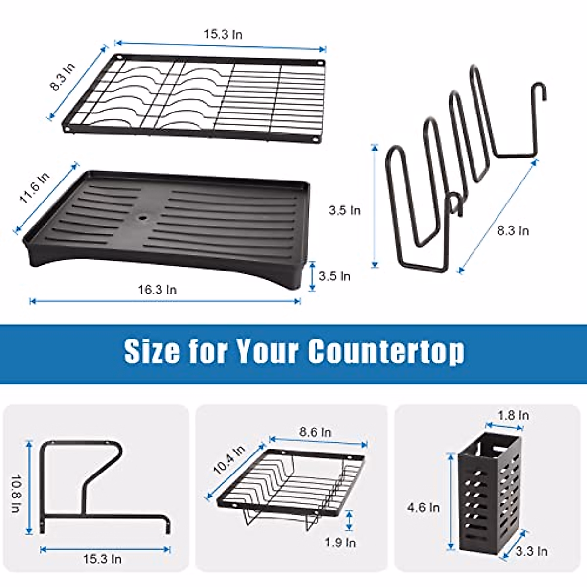 YWCMESDM Dish Drying Rack, Multifunctional Dish Rack with Drainboard & Utensil Holder, 2 Tier Stainless Steel Dish Racks, Dish Drainers with a Large Capacity for Kitchen Counter (Black)
