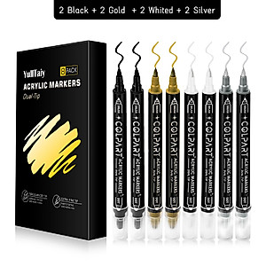 YullTaiy Dual Tip Acrylic Paint Pens Markers, 8 Pack Black White Silver Gold Paint Pens for Wood, Canvas, Stone, Rock Painting, Glass, Ceramic Surfaces, DIY Art Supplies (4 color)