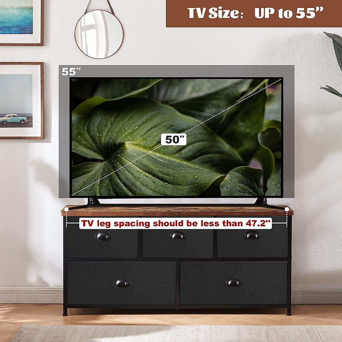 PRAISUN Dresser TV Stand, Entertainment Center with Fabric Drawers, Media Console, TV Table for 55 Inch TV, Bedroom Dresser with Metal Frame - Black