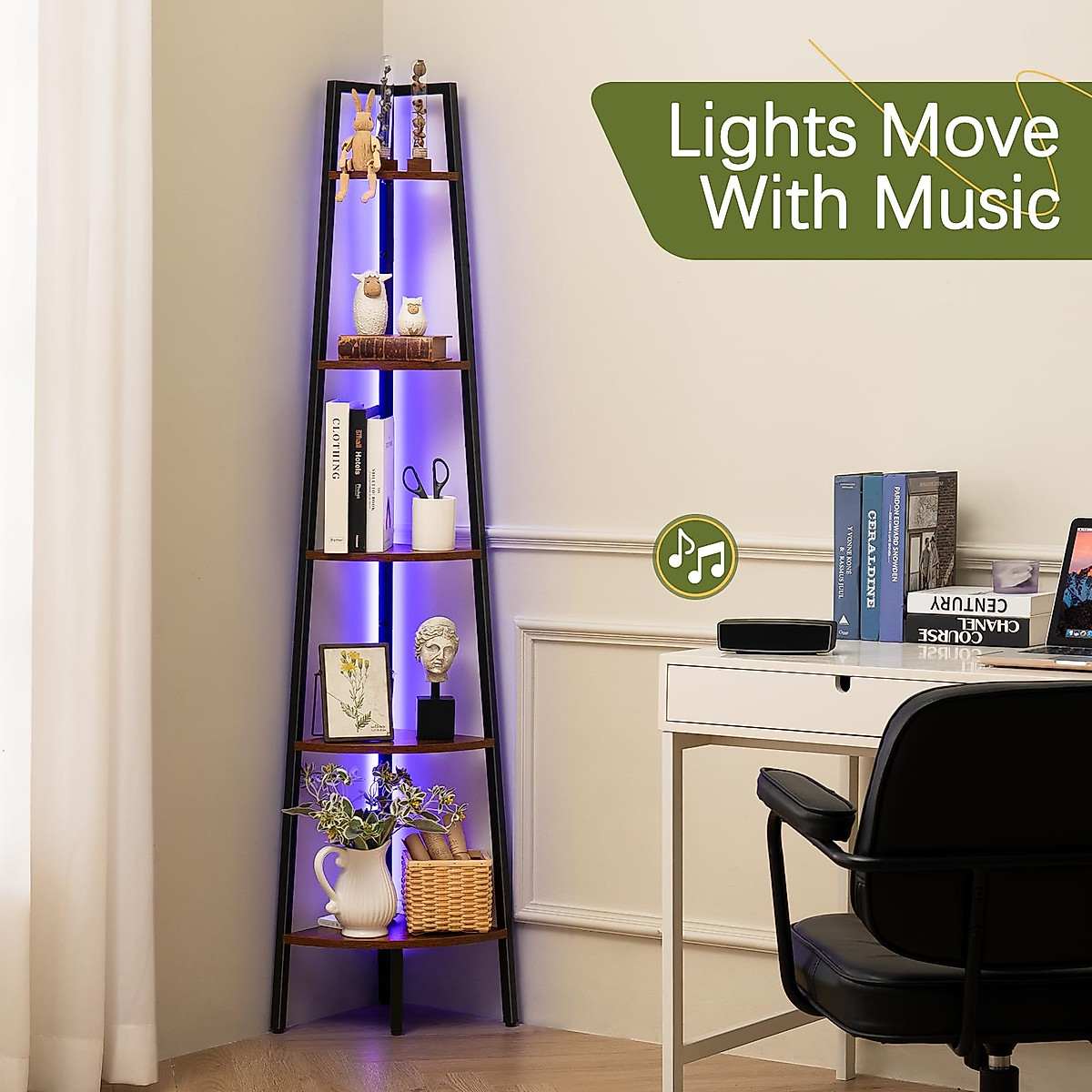 Yoobure Corner Shelf Stand - 5-Tier LED Corner Bookcase