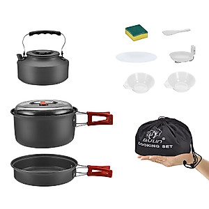 Bulin Camping Cookware Mess Kit, Backpack Portable Campfire Cooking Pots Pans Kettle Set, Lightweight Durable Cook Gear for Open Fire Hiking, Outdoor (BPA Free Bowls, Plates), 9 PCS