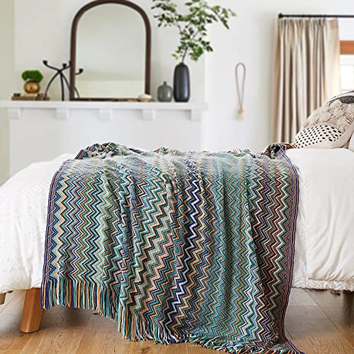 BATTILO HOME Boho Throw Blanket,Teal Throw Blankets for Couch Bed Sofa,Soft Cozy Knit Blanket with Tassel,Fall Decor Blanket Throw Outdoor Lightweight Afghan Blanket, 50"x80" (Blue)