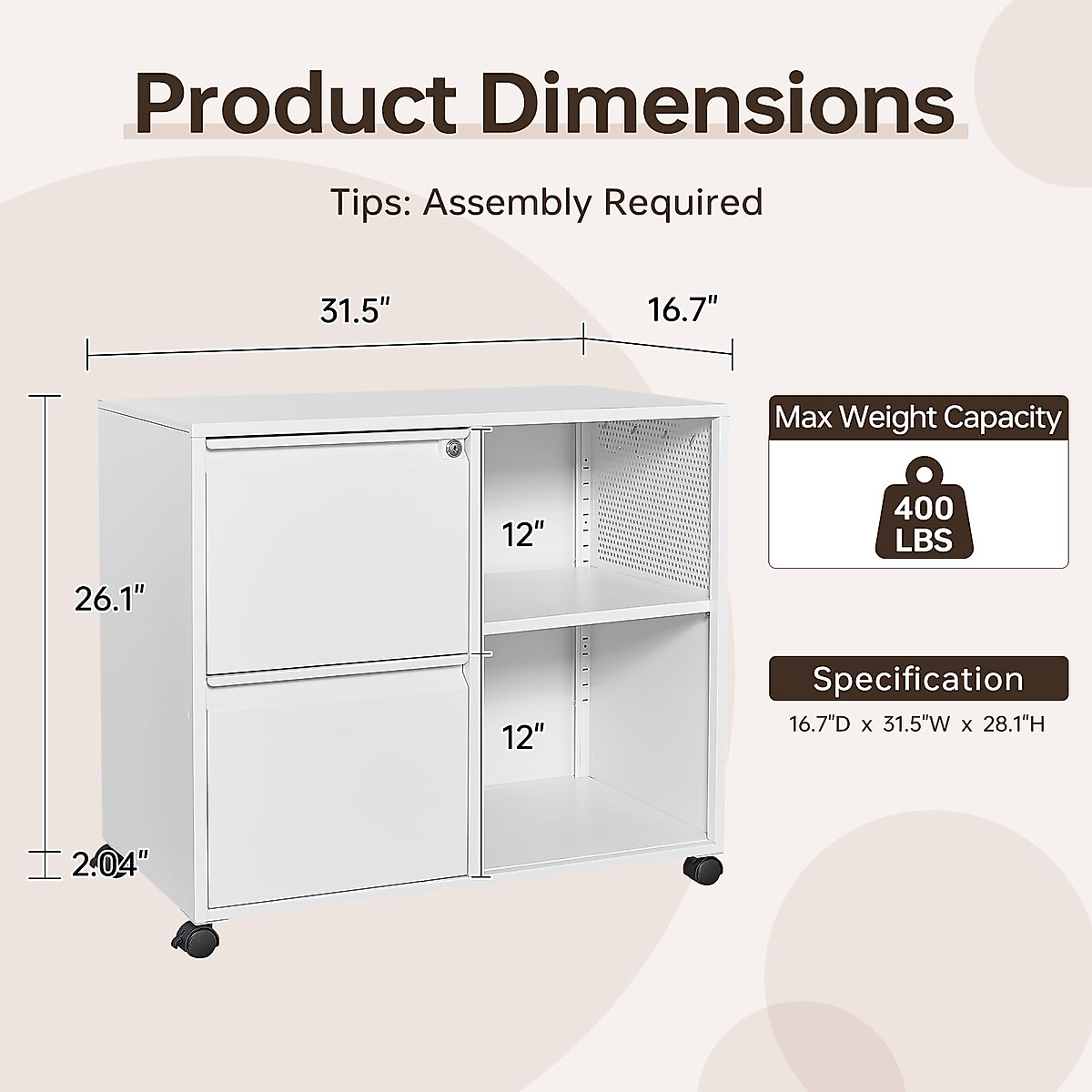 AFAIF Lateral File Cabinet, 2 Drawer File Cabinet with Lock, Printer Stand with Storage, Metal Mobile Filing Cabinet Home Office Organization Furniture for Letter/A4 Size Files