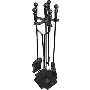 VODA Fireplace Tools Set 5 Pieces 31.5In Cast Iron Indoor Fireside Accessories Large Fire Place Tool Set Outdoor Holder Fire Kit Stand Wood Stove Log Shovel Brush Tong and Fireplace Poker
