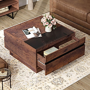 WAMPAT Modern Coffee Table, Square Living Room Coffee Table with Tempered Glass Top and Two Large Storage Drawers, 31.5"x 31.5", Brown