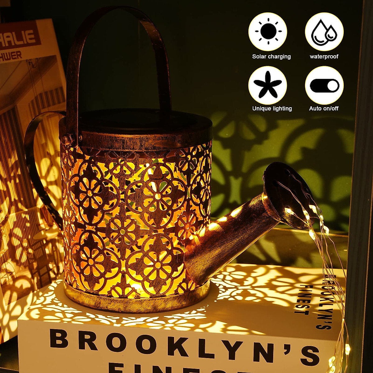 HCVINRK Solar Lights Outdoor Garden, Solar Watering Can Lights Outdoor Decorative, Metal Solar Lantern Outdoor Waterproof with Installed Light String and Shepherd Hook