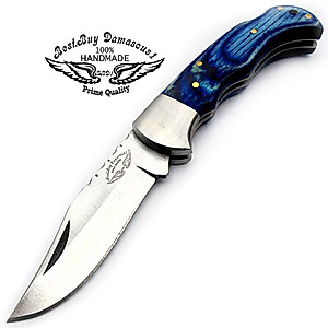 Best.Buy.Damascus1 Pocket Knife Blue Wood 420c Stainless Steel Folding Knife EDC hunting knife Pocket Knife for Men Gifts for Men