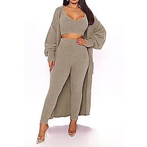 Fixmatti Fuzzy 3 Piece Legging Set for Women Open Front Cardigan Cropped Tops Long Pant Suit Khaki S