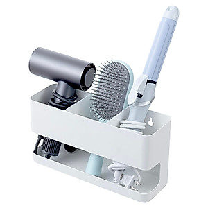 MyGift Hanging Modern White Metal Hair Tools Organizer with 3 Slots, Wall Mounted or Countertop Salon Styling Accessories Holder Rack for Blow Dryer Straightener Curling Iron