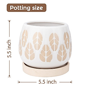 Chonsun Ceramic Planter with Saucer 6 Inch Plant Pots Indoor Oudoor Planter with Drainage Hole Flower Pots Succulent Plant Pots Mid-Century Ceramic Planter White