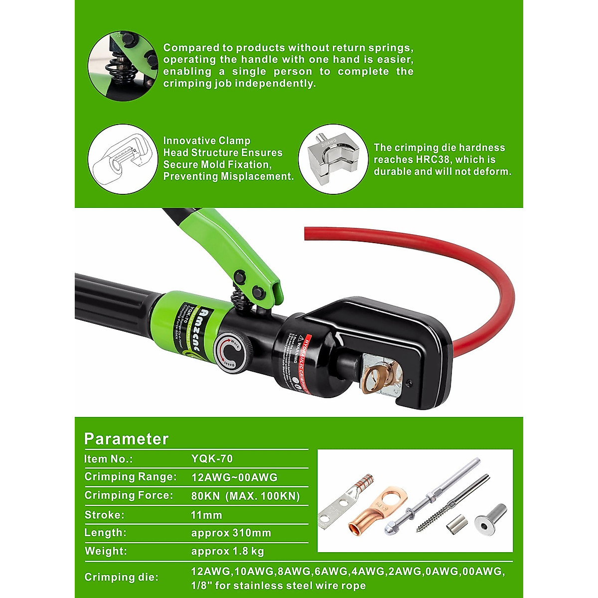 AMZCNC 10 Tons Hydraulic Wire Battery Cable Lug Terminal Crimper Crimping Tool With 9 Pairs of Dies