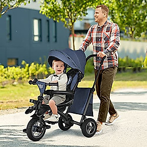 BABY JOY Toddler Tricycle, 7 in 1 Folding Steer Trike w/Rotatable Seat, Adjustable Canopy, Push Handle, Guardrail, Safety Harness, Brakes, Cup Holder & Storage, Tricycle for Toddlers Ages 1.5-5 (Blue)