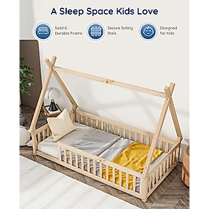 Tatub Twin Montessori Floor Bed Frame with Railings and Roof, Montessori House Bed for Kids, Wood Tent Floor Bed, Montessori Teepee Bed for Girls and Boys, Nature