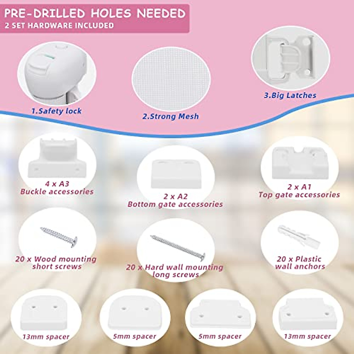 Retractable Baby Gate Extra Wide- 34” Tall Extends Up to 54” Wide Safety Mesh Stairs Gate for Kids or Pets Dogs Gate for Doorways/Banister/Hallways/Deck/Indoor/Outdoor -Wall Spacer Kit Included