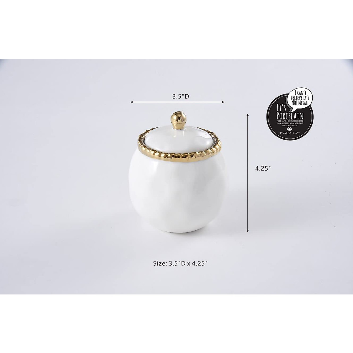 Pampa Bay Golden Salerno Porcelain Covered Sugar Bowl with Beaded Trim, White/Gold