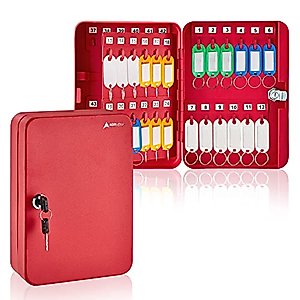 AdirOffice Key Lock Box Cabinet Wall Mount with Keys & 48 Colored Name Tags - Key Safe Organizer for A Mess Free Work Place Such As Car Dealer, Property Manager, Valet Parking & More (48 Keys, Red)