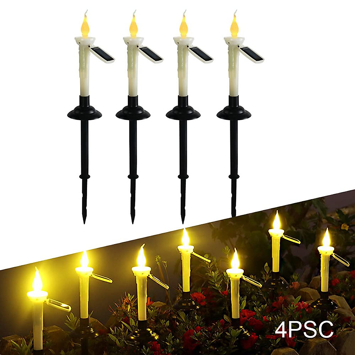 Tookie LED Candle Light, 4pcs Dual Use Solar Power Long Candle Light with Warm White Flickering Flame, Auto On/Off Solar Light for Garden Pathway Driveway Landscape Patio Deck Yard(Size:18.27inch)