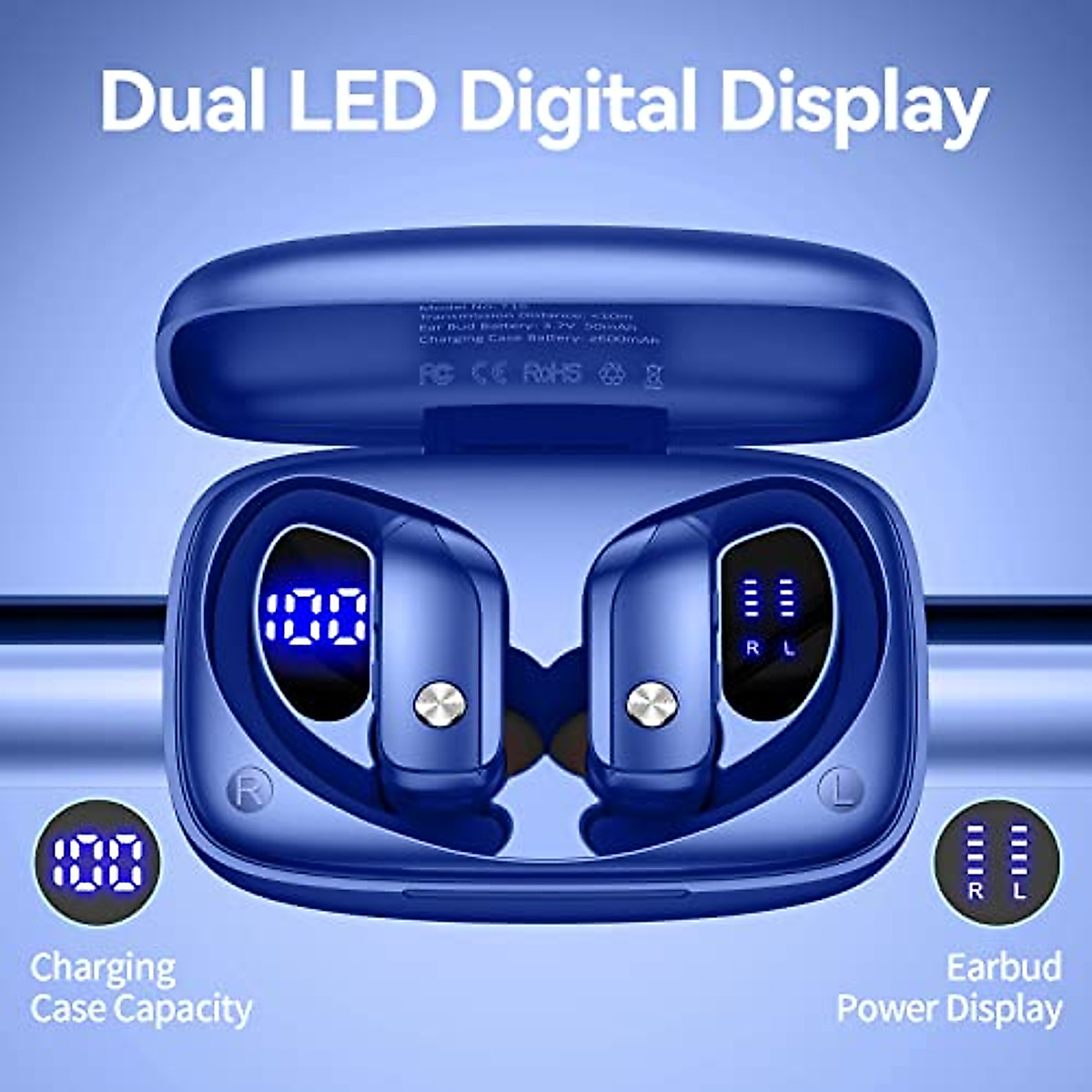 bmani Wireless Earbuds Bluetooth Headphones 48hrs Play Back Sport Earphones with LED Display Over-Ear Buds with Earhooks Built-in Mic Headset for Workout Blue