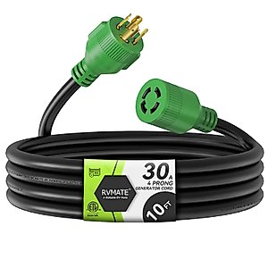 RVMATE 30 Amp Generator Cord 4 Prong 10 Feet, NEMA L14-30P/L14-30R, 125/250V Up to 7500W 10 Gauge SJTW Generator Extension Cord, ETL Listed