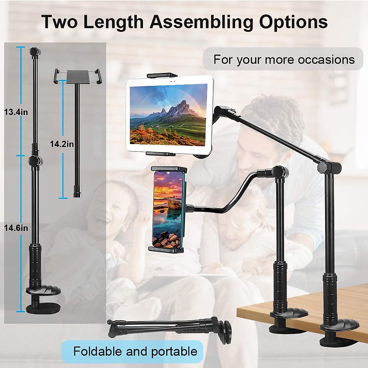 Aqonsie Phone Holder Bed Gooseneck Mount Clip with 360° Rotation Flexible & Hard Arm Bracket Compatible with iPad,Tablet,4-14" Phones, Foldable Tablet Stand for Desk Bed Kitchen Office