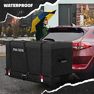 Mockins 25 Cu.Ft. Trailer Hitch Cargo Carrier Bag | 60"x24"x31" Waterproof Cargo Bag for Hitch Carrier | Weatherproof Abrasion Resistant Vinyl Vehicle Soft-Shell Carriers w/Straps, Lock, & Carry Bag