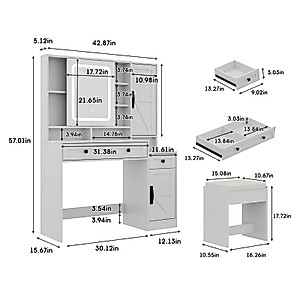 Fameill Vanity Desk with Mirror and Lights, Makeup Vanity Desk with Power Outlet, 2 Drawers & Storage, Vanity Table with Chair & Jewelry Cabinet, for Bedroom (White)