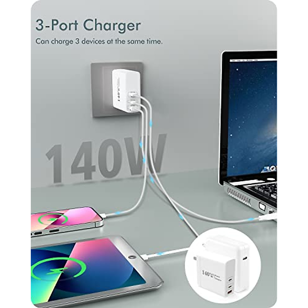 Dericam iPhone Charger USB C, 140W GaN Charger PD 3.1 Fast Charging, 3-Port Wall Charger Block for MacBook Pro/Air,iPad,IPhone14/13/12/11/X,Galaxy S22/S21,Dell XPS, ThinkPad,Pixelbook and More-White