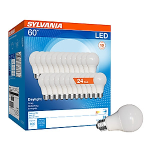 SYLVANIA LED A19 Light Bulb, 60W Equivalent, Efficient 9W, CEC Compliant, 10 Year, Non-Dimmable, 5000K, 800 Lumens, 90 CRI, Daylight - 24 Pack (41373)