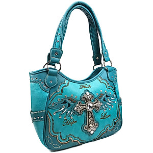Zelris Faith Love Hope Cross Angel Wing Women Conceal Carry Women Tote Purse Set (Teal Blue)