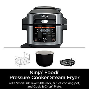 Ninja OL500 Foodi 6.5-qt. Pressure Cooker Steam Fryer with SmartLid, 13-in-1 that Air Fries, Bakes & More, with 2-Layer Capacity, Crisp Basket, Silver/Black (Renewed)