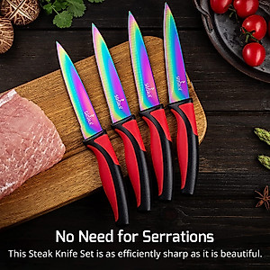 SiliSlick Stainless Steel Steak Knife Set - Titanium Coated Colorful Kitchen Knives with Straight Edge, Smooth & Sharp - Rainbow Iridescent Kitchen Gifts & Accessories
