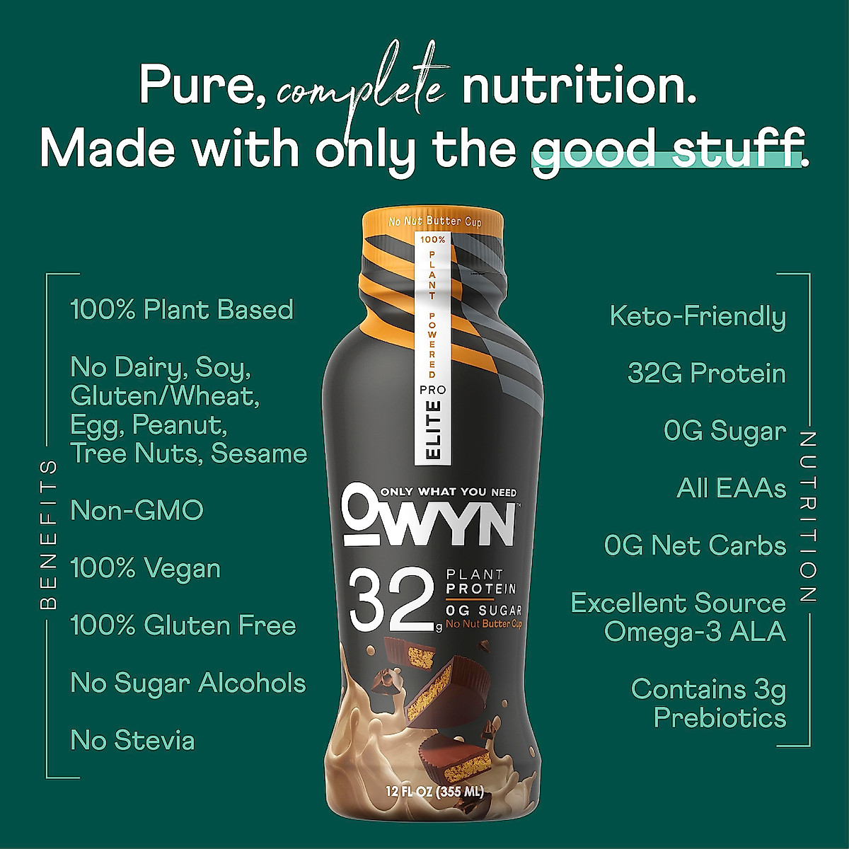 OWYN Only What You Need Pro Elite Vegan Plant Based High Protein Keto Shake, No Nut Butter Cup, Zero Sugar, 32g Protein, Omega-3, Prebiotics, Superfoods Greens for Workout and Recovery, 0g Net Carbs