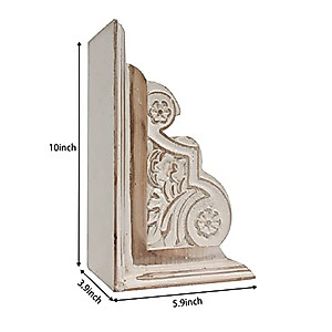 1 Pair Rustic Distressed Finish Wood Bookends, White Bookends Decorative Unique, Carved Pattern Farmhouse Book Ends for Shelves, Bookends for Heavy Books, Wooden Corbels for Home Room Decor