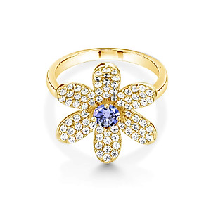 Gem Stone King 18K Yellow Gold Plated Silver 4MM Round Gemstone Birthstone Flower Ring For Women By Keren Hanan | Available in Size 5,6,7,8,9