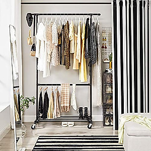 SONGMICS Clothes Rack, Industrial Double Rod Metal Clothing Rack for Hanging Clothes, Adjustable Middle Rod, with Wheels and Shelf, Heavy-Duty Commercial Display, Black UHSR62BK