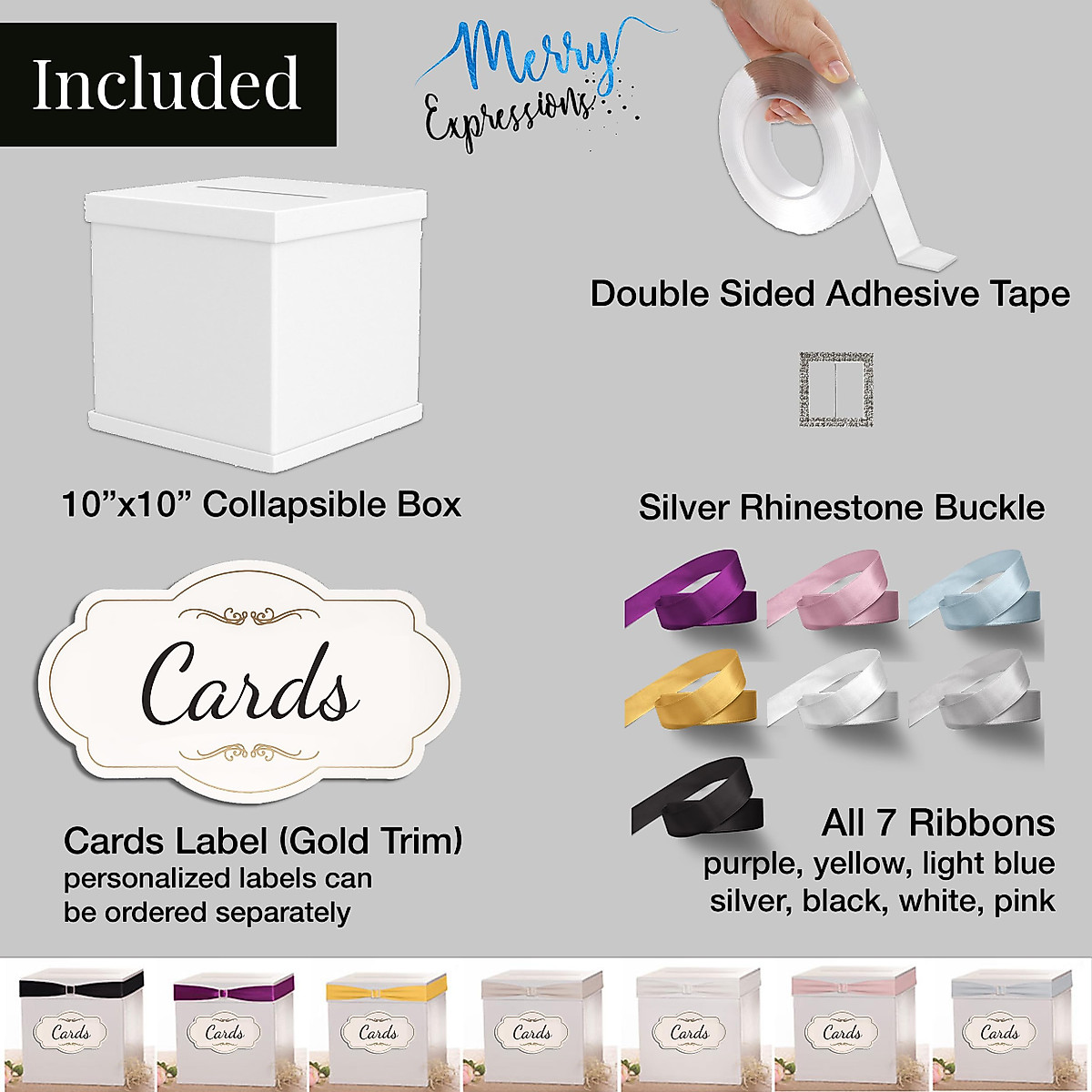 Merry Expressions White Wedding Card Box for Party with 7 Ribbons, Gift Card Box Holder For Birthday, Graduation, Reception, Sweet 16, Bridal or Baby Shower Party Large 10"x10"x10" inches