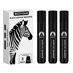 BIGTHUMB 3 Pcs Black Jumbo Permanent Markers: 15mm Wide Tip Thick Acrylic Paint Pen Large Calligraphy Marker for Rock Painting, Poster, Sign, Canvas, Glass, Wood, Ceramic
