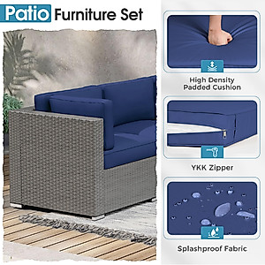 Crownland 7-Pieces Outdoor Patio Furniture Sets, All-Weather Grey Wicker Rattan Sectional Sofa, Modern Glass Coffee Table and Washable Seat Cushion with YKK Zipper (Dark Blue)