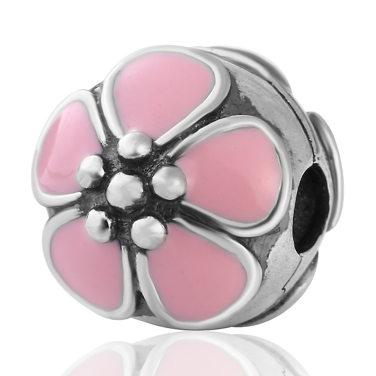 Flower Star Clip Charms Authentic 925 Sterling Silver Clip Lock Stopper Beads for European Bracelet (Blossom Pink Enamel)