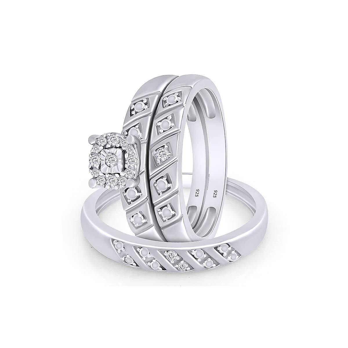 Jewel Zone US White Natural Diamond Engagement & Wedding Trio Band Ring Set in 14k White Gold Over Sterling Silver (0.1 Ct)