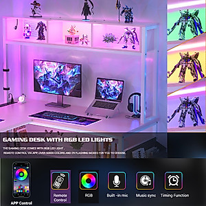 Unikito L Shaped Computer Desk with LED Strip and Power Outlets, Reversible L-Shaped Corner Desk with Storage Shelves and Bag, Industrial Home Office Desk Gaming Table with USB Port, Pink