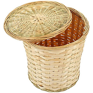 Hemoton Small Woven Basket with Lid Rattan Trash Can Wastebasket Wicker Round Trash Bin Woven Storage Basket Decorative Egg Basket Laundry Hamper Flower Pots Planter Holder