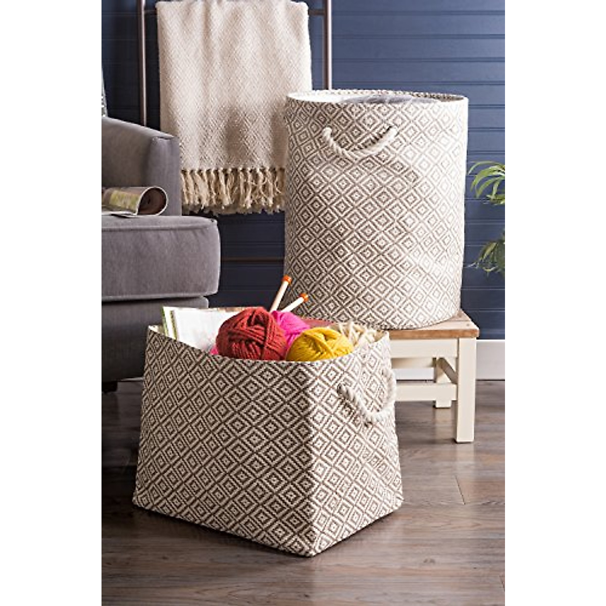 DII Woven Paper Storage Bin, Diamond Basketweave, Gray/White, Large