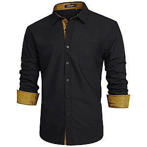 HISDERN Mens Black Dress Shirt Long Sleeve Button Down Collar Plaid Inner Contrast Formal Business Casual Shirts