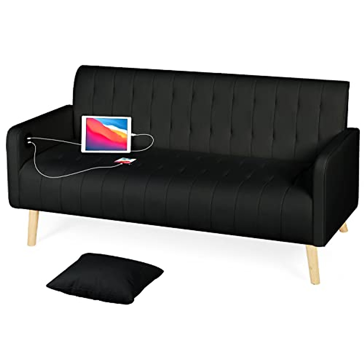 TYBOATLE 57" W Modern Striped PU Leather Loveseat Sofa w/ 2 USB Charging Ports, Mid Century Couch for Small Space Configuration, Living Room, Office, Apartment, Dorm, Black