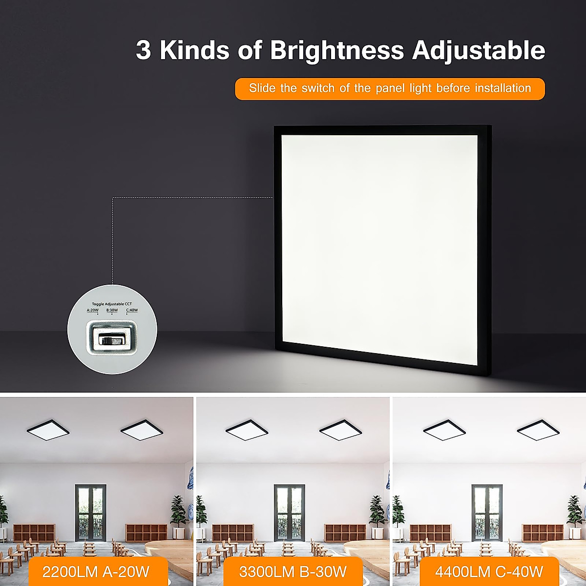 Mcacggo Black 2x2 Surface Mount LED Panel Lights, 40W-30W-20W & 5000K-4000K-3000K Selectable, 0-10V Dimmable, Square, for Kitchen, Shop, 100-277V, ETL, 2 Pack