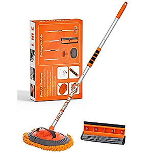 Buyplus Car Wash Brush Mop with 46" Aluminum Alloy Long Handle, 3-in-1 Chenille Microfiber Car Cleaning Kit Brush Duster, Not Hurt Paint Scratch Free Window Squeegee(Orange)