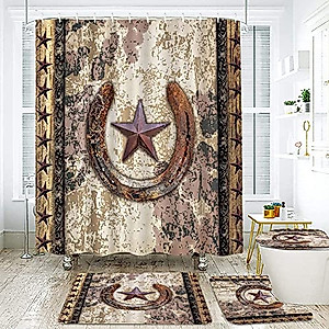 DONMYER 4 Pcs Shower Curtain Sets with Rugs Texas Star Western Panel Rusty Horseshoe Cowhide Cow Primitive Country Cabin 12 Hooks for Bathroom Set, 70'' L × 69'' W