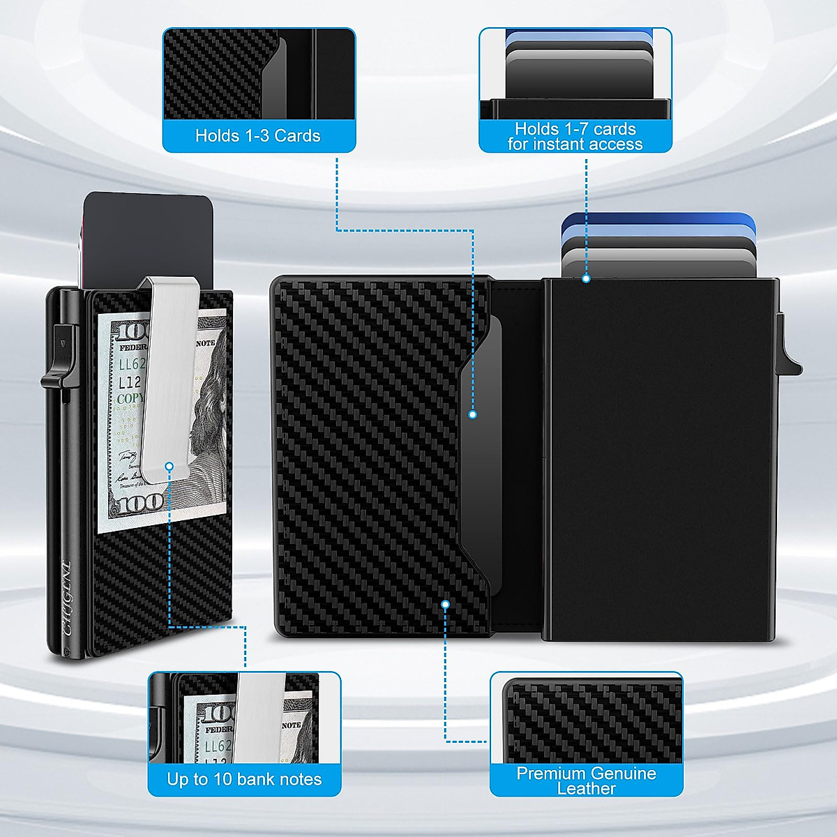 CHJGLNL Slim Wallet for Men - with Money Clip, Minimalist Wallet with Gift Box, Aluminum Pop Up Credit Card Holder, RFID Blocking | Premium Carbon Fiber Leather | 12 Card Capacity